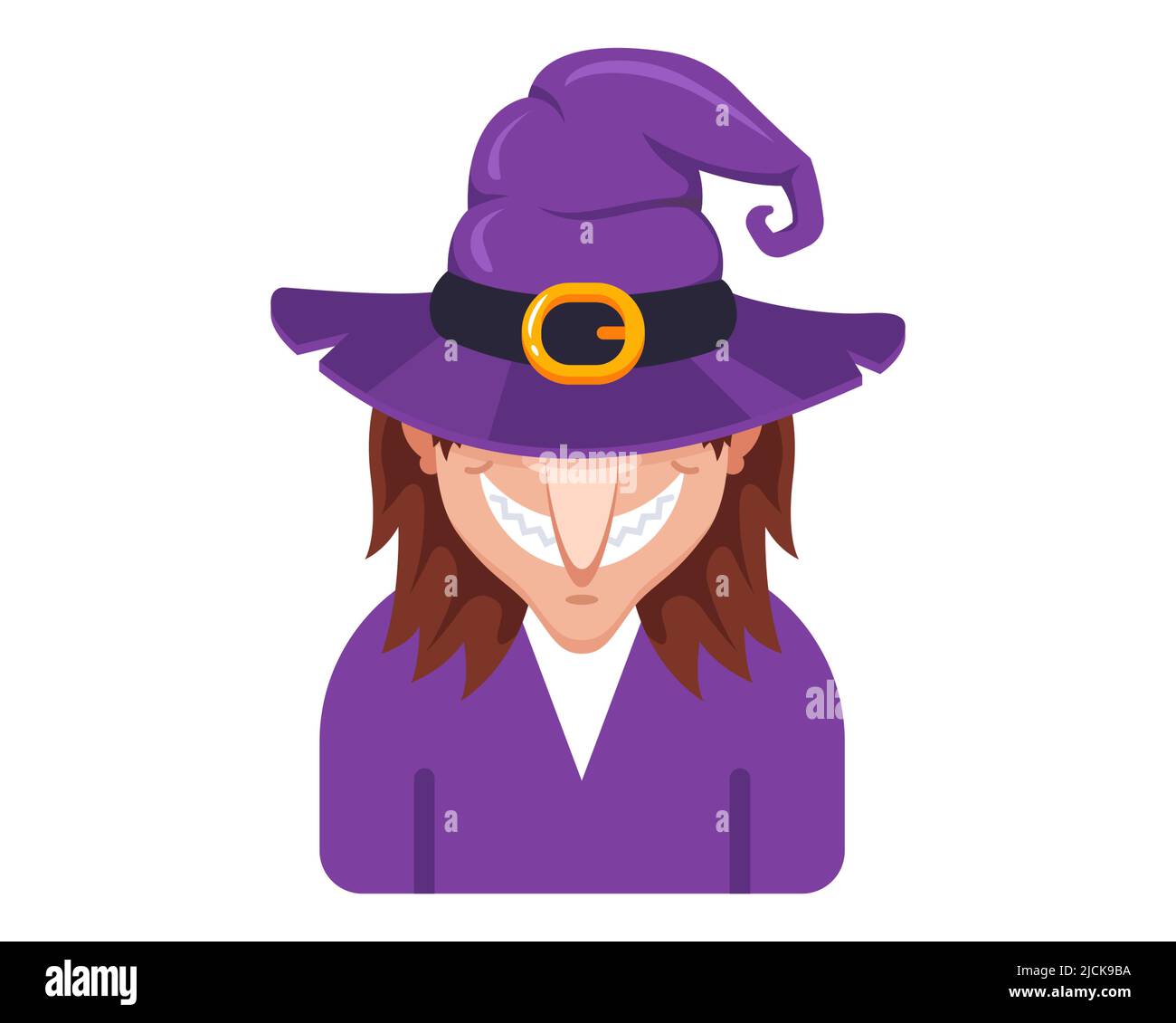 scary witch in purple robe and magic hat. flat vector illustration ...