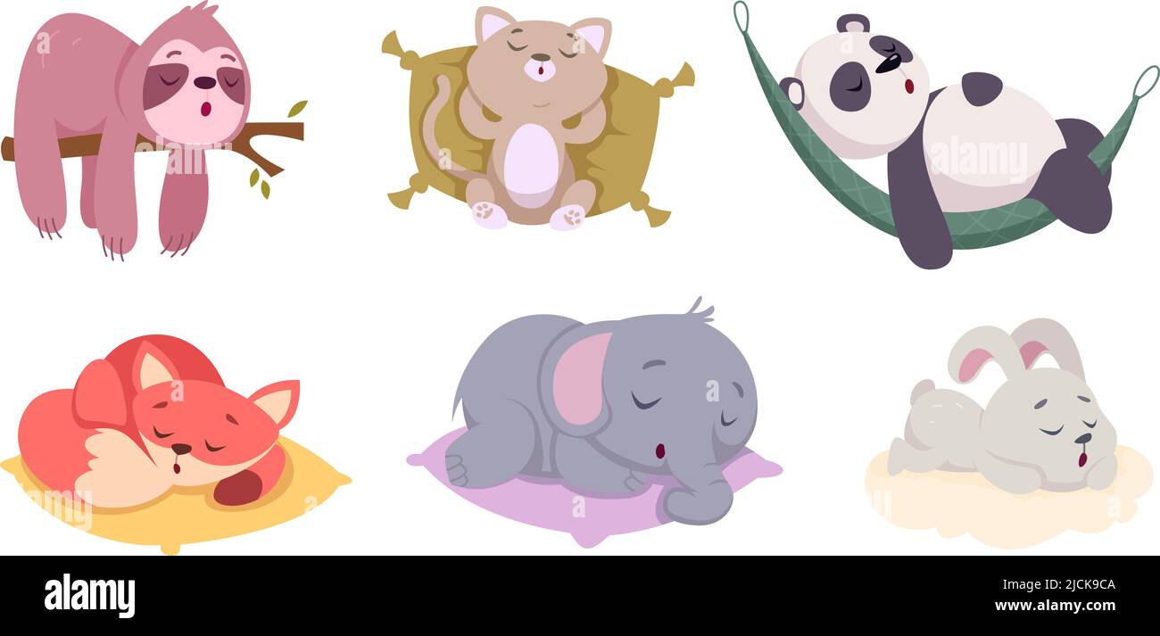 Sleeping animals. Cute funny wild animals in relaxing poses exact vector cartoon characters ...