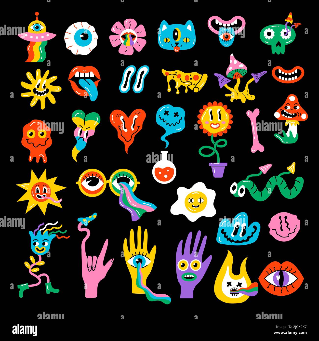 Hippy stickers. Neon psychedelic funny badges happy hallucination ...