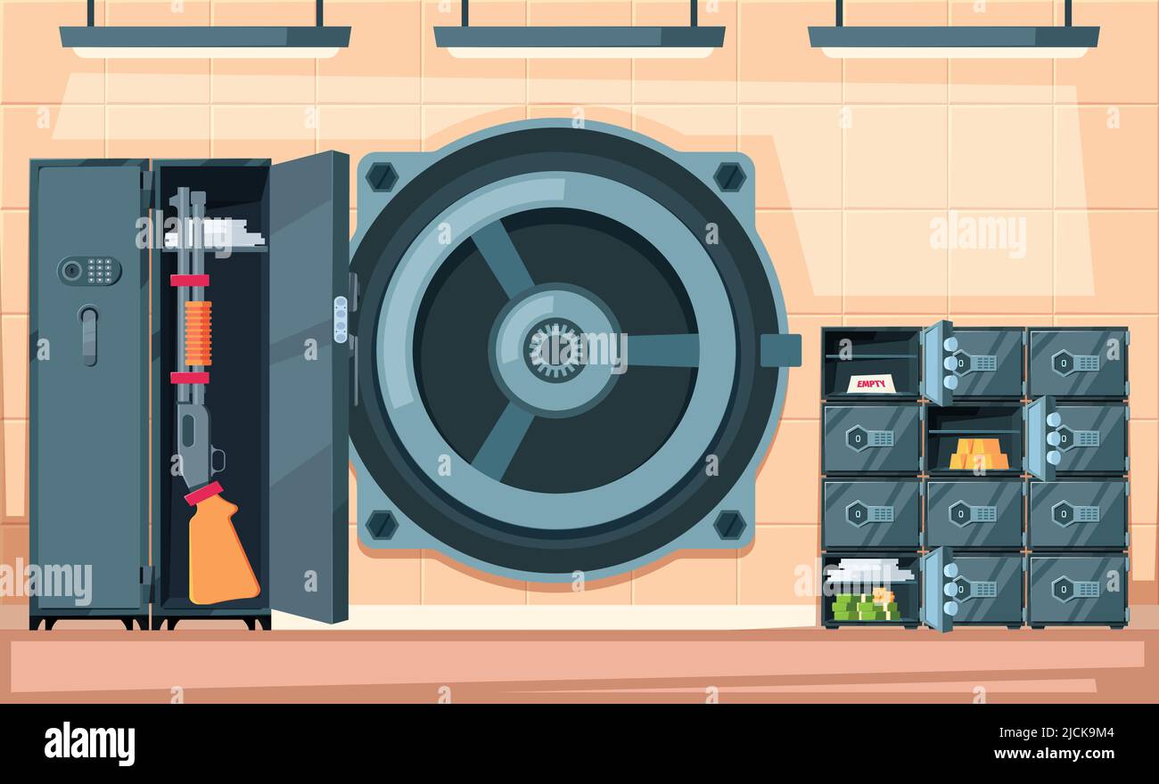 Bank interior. Inside vault with cash and gold safe room deposit dollar ...