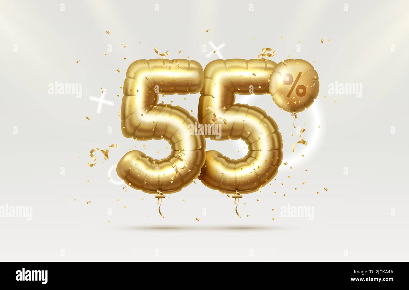 55 Off. Discount creative composition. 3d Golden sale symbol with ...