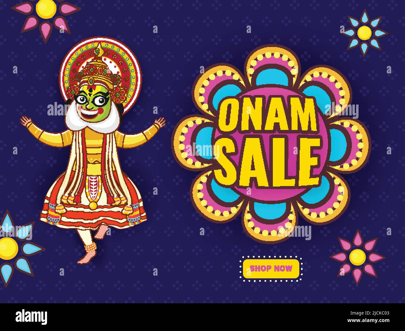 Onam Sale Poster Design With Cheerful Kathakali Dancer Character And Flowers On Blue Background ...