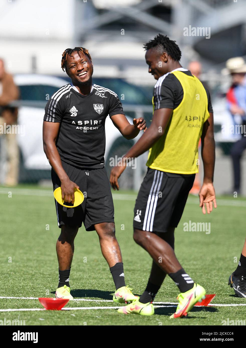 Eupen, Belgium. 14th June, 2022. Eupen's Isaac Nuhu and Eupen's Konan ...