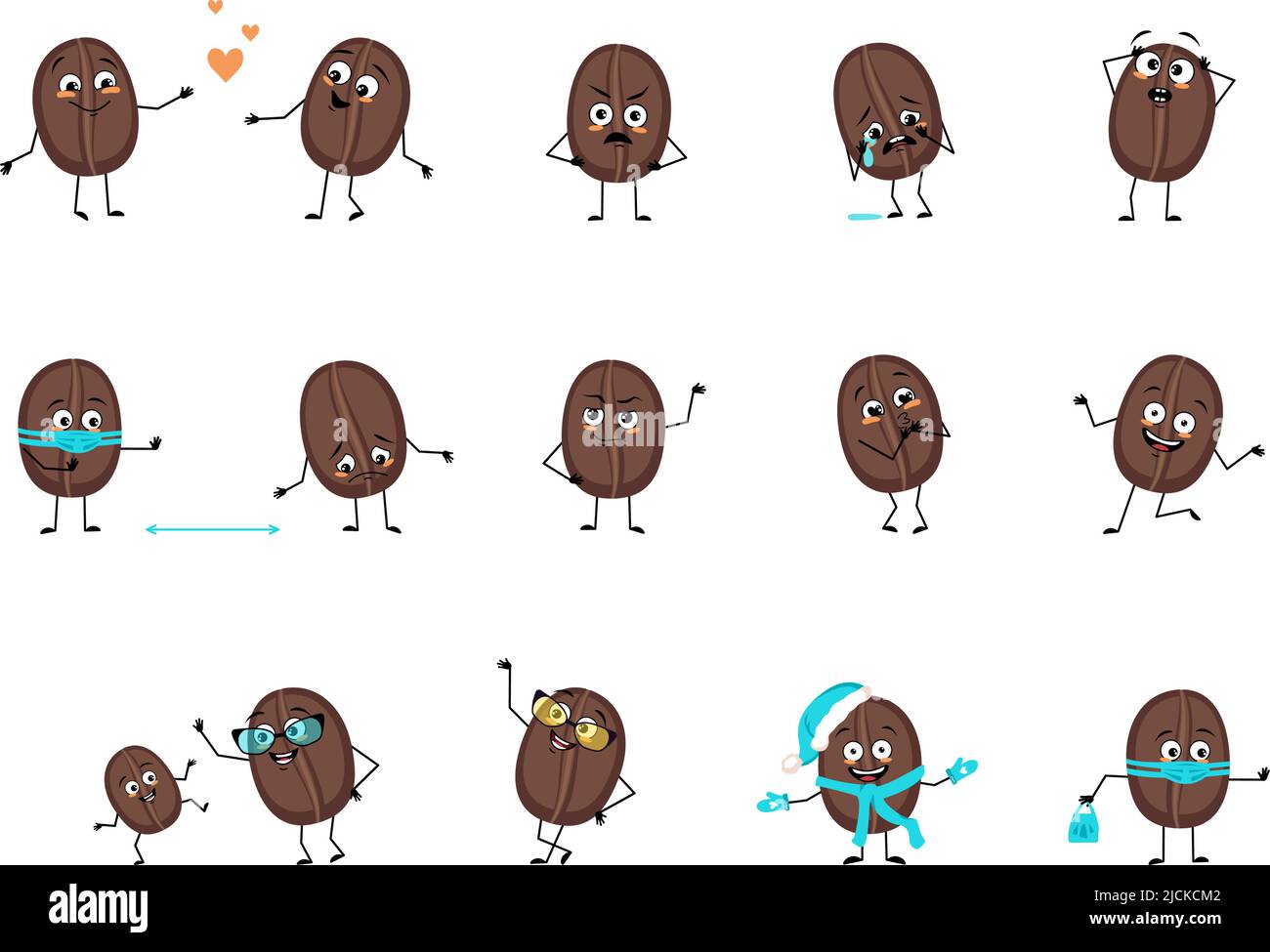Coffee bean character with happy or sad emotions, panic, loving or ...