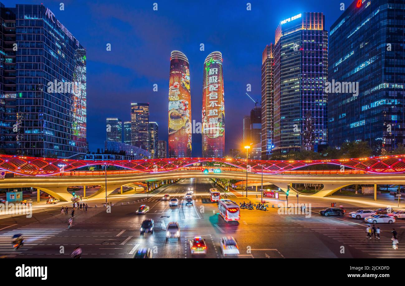 Modern architecture and overpass lighting show in Chengdu, Sichuan ...