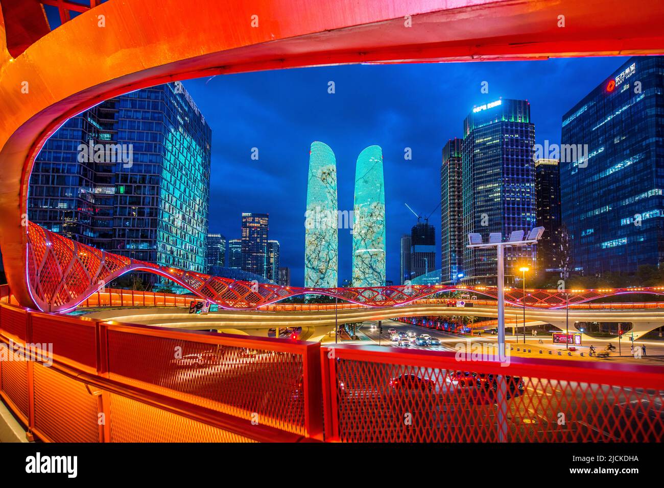 Modern architecture and overpass lighting show in Chengdu, Sichuan ...