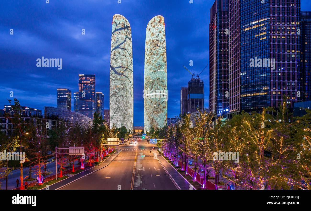 Modern architecture and overpass lighting show in Chengdu, Sichuan ...