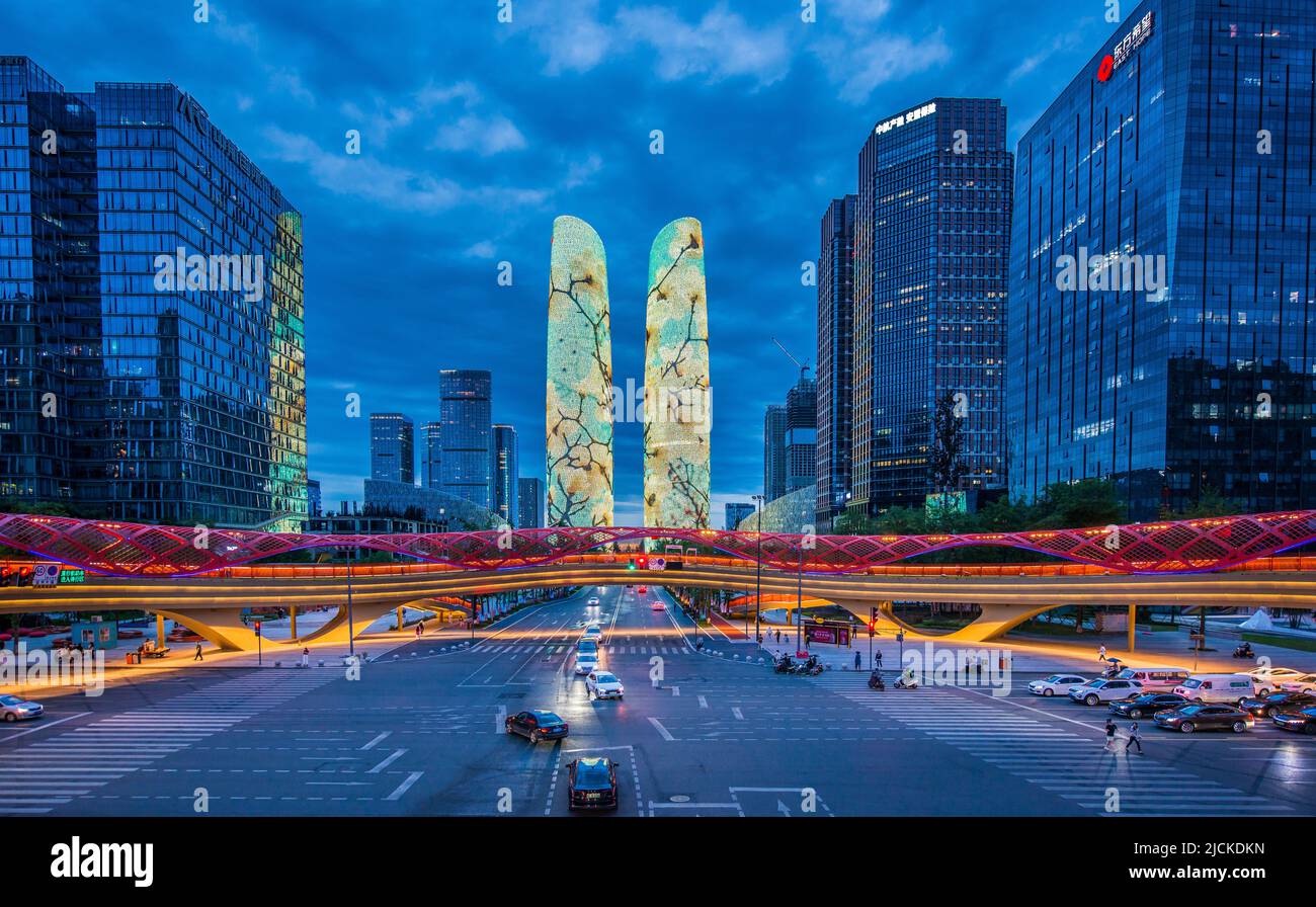 Modern architecture and overpass lighting show in Chengdu, Sichuan ...