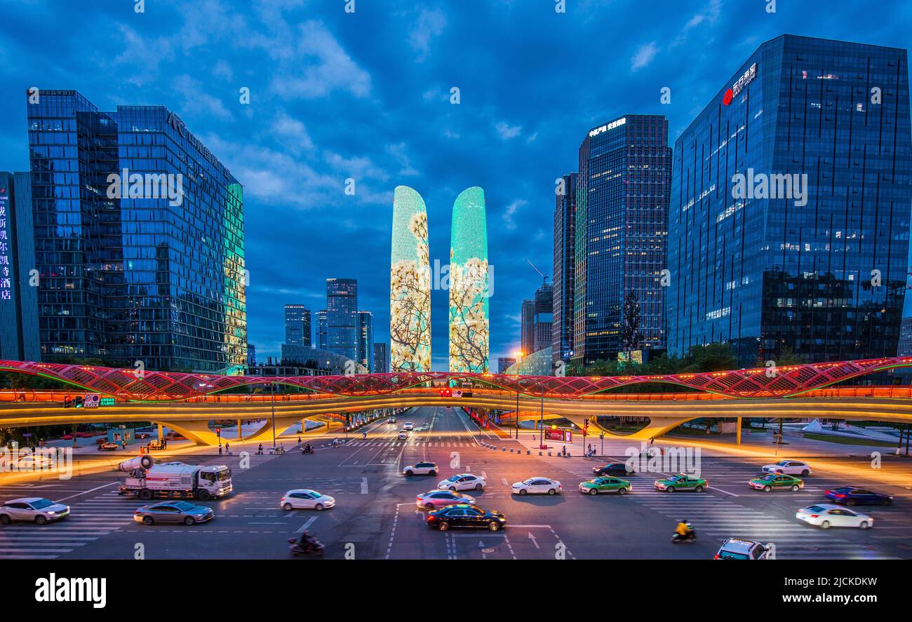 Modern architecture and overpass lighting show in Chengdu, Sichuan ...