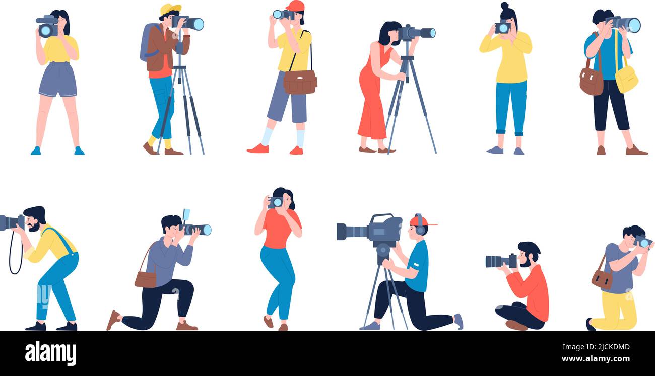 Photographers. Creative job, photographer with camera and tv operator ...