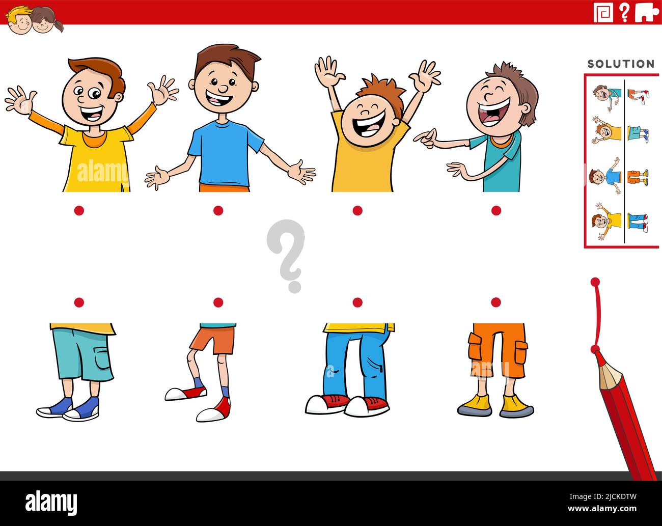 Cartoon illustration of educational game of matching halves of pictures ...