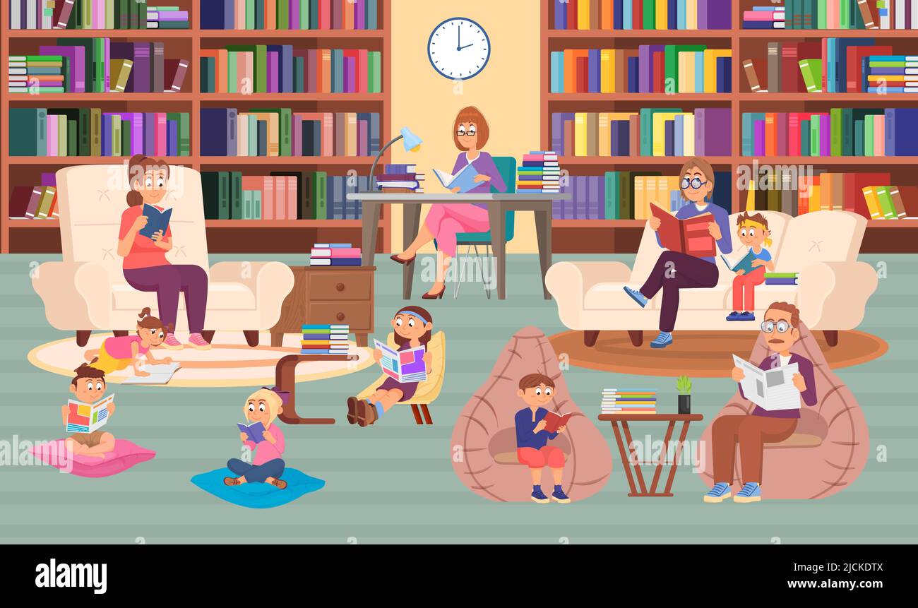 Kids in library. Cartoon boy and girl reading books. Bookshelf in classroom or bookstore, adults ...