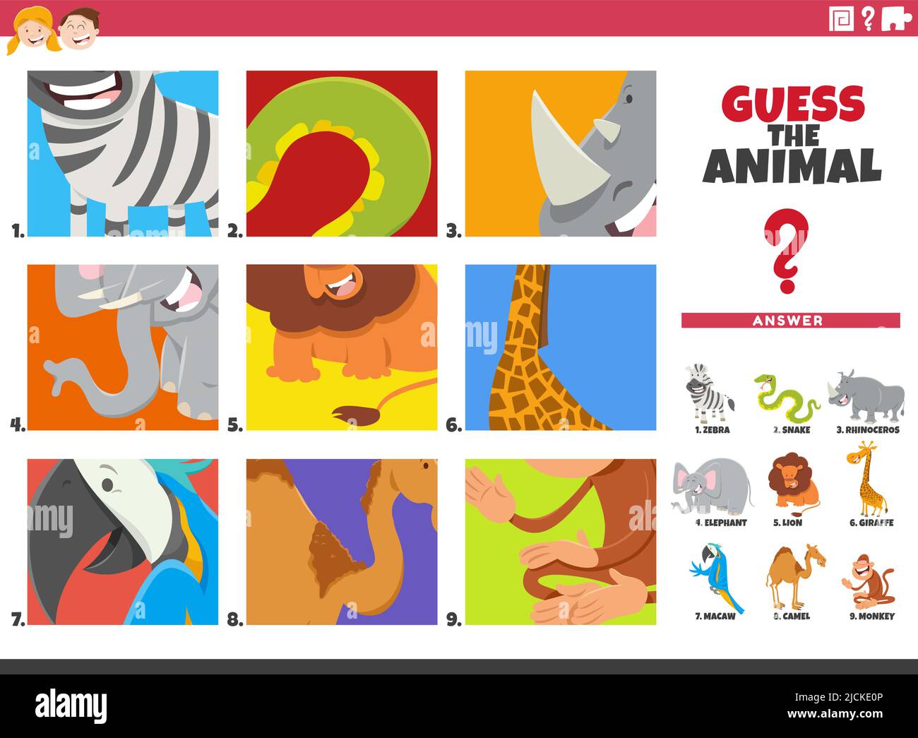 Cartoon illustration of educational game of guessing animal species for ...