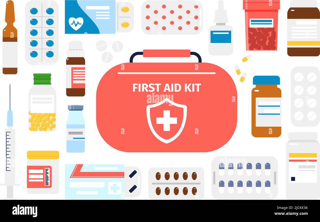 Flat medications set. Drug and pills in bottle, medicine table and ...