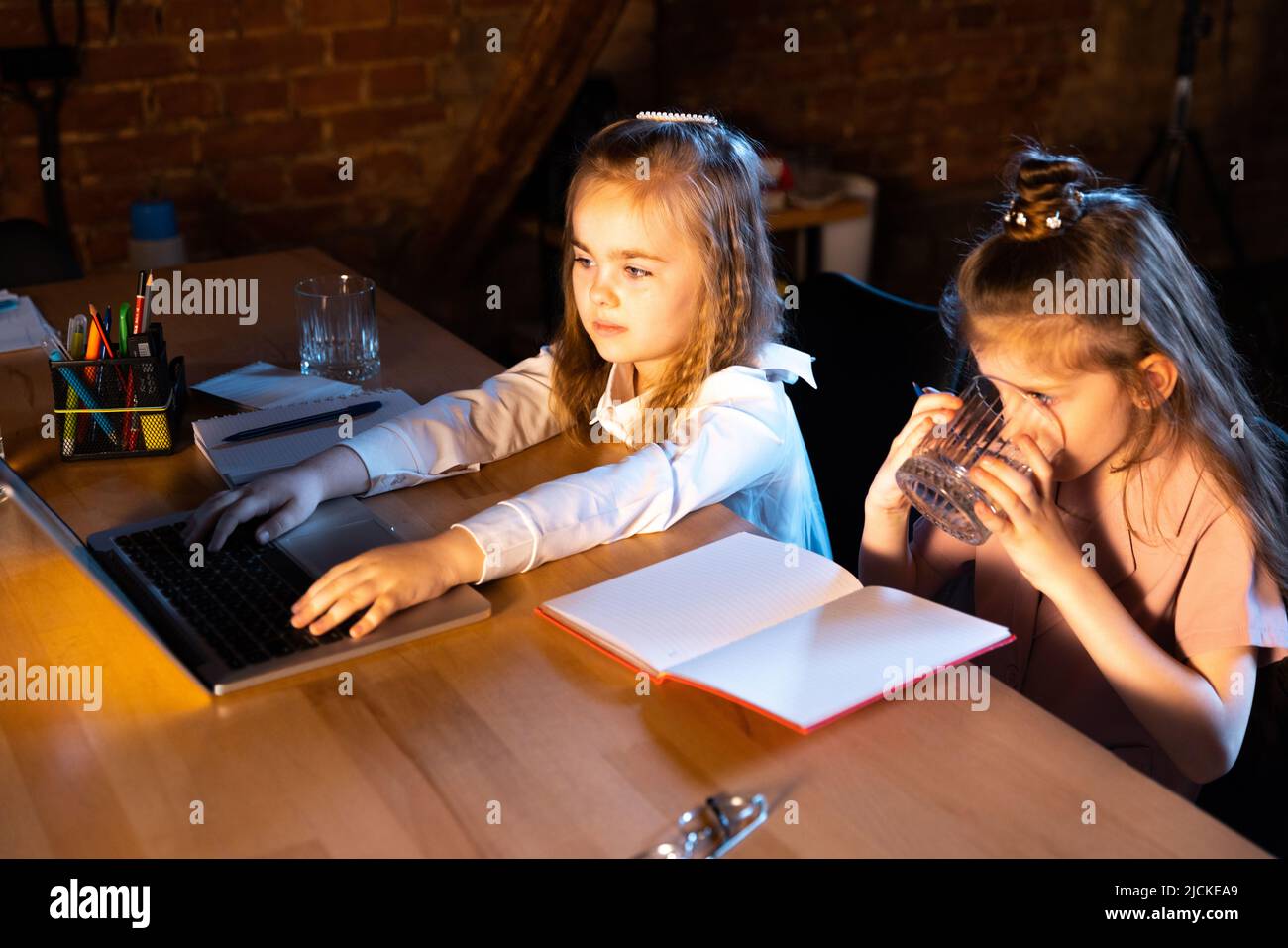 Live portrait of cute kids, sisters sitting at home play computer games ...