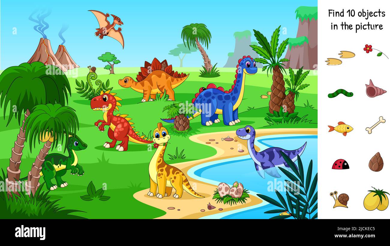 Hidden objects game. Dinosaur rainforest, visual gaming puzzle location to find 10 objects ...