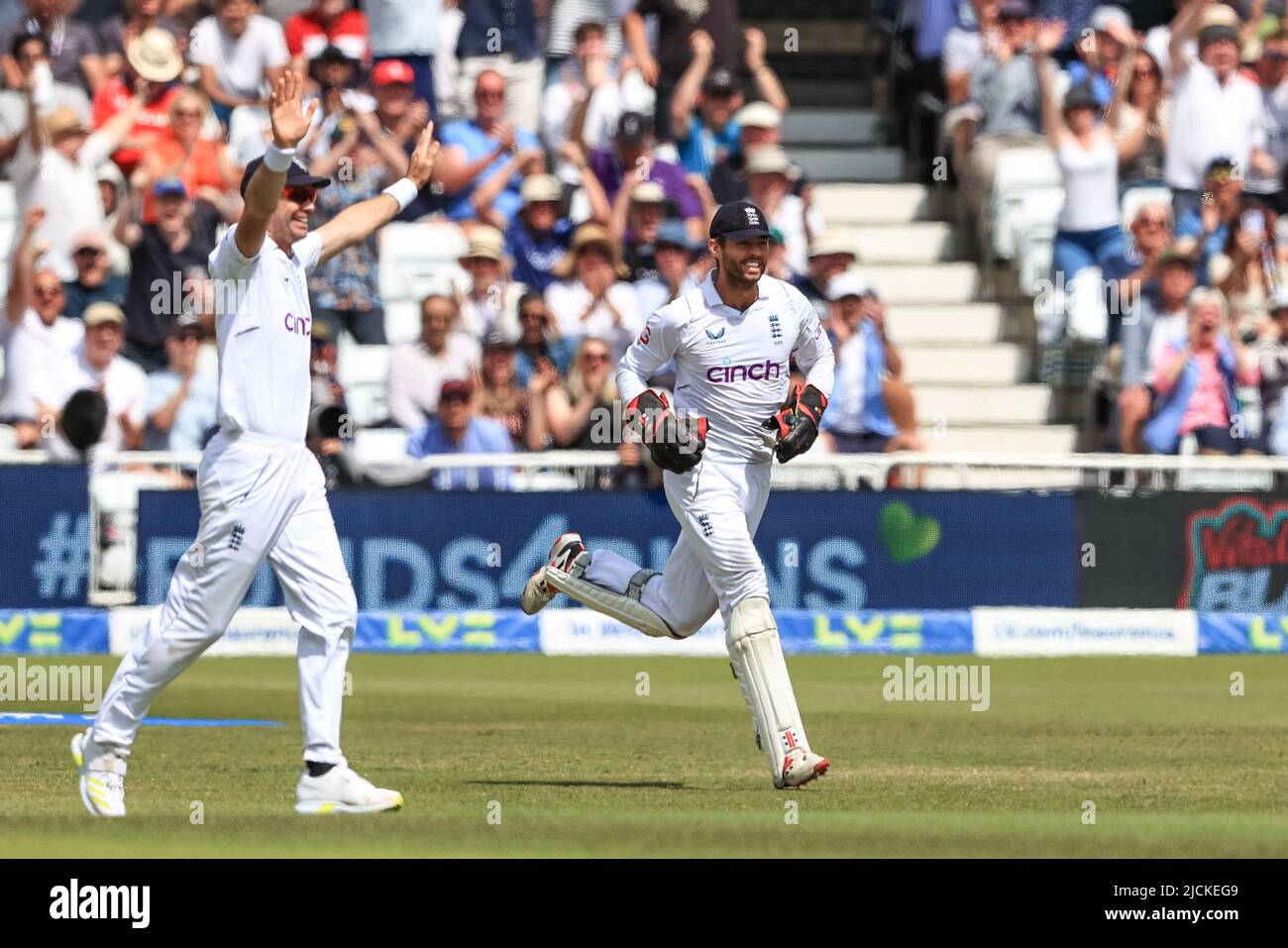 Ben Foakes of England celebrates catching Kyle Jamieson of New Zealand ...