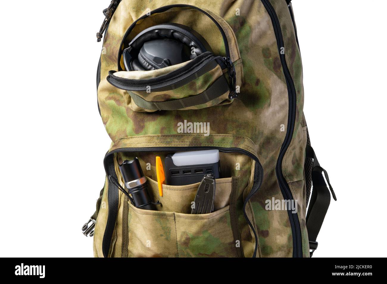 Open military backpack of khaki color on a white background Stock Photo ...