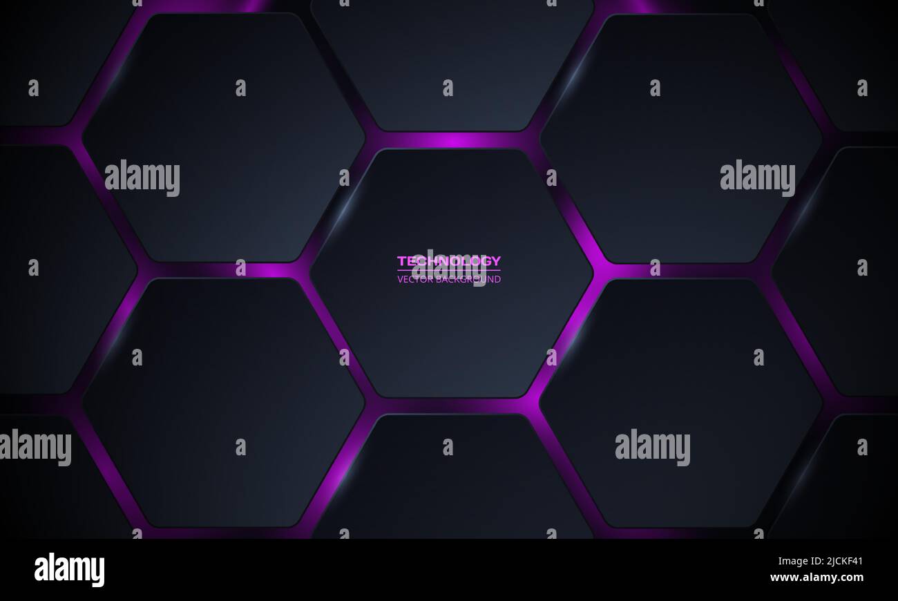 Dark 3d Hexagonal Technology Vector Abstract Background Purple Bright Energy Flashes Under 
