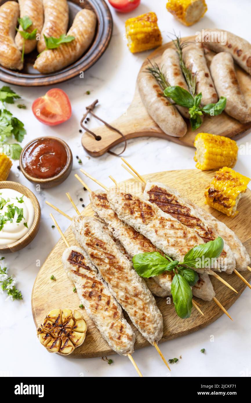 Summer party food. Grill food menu. Bbq grilled chicken kebab with ...