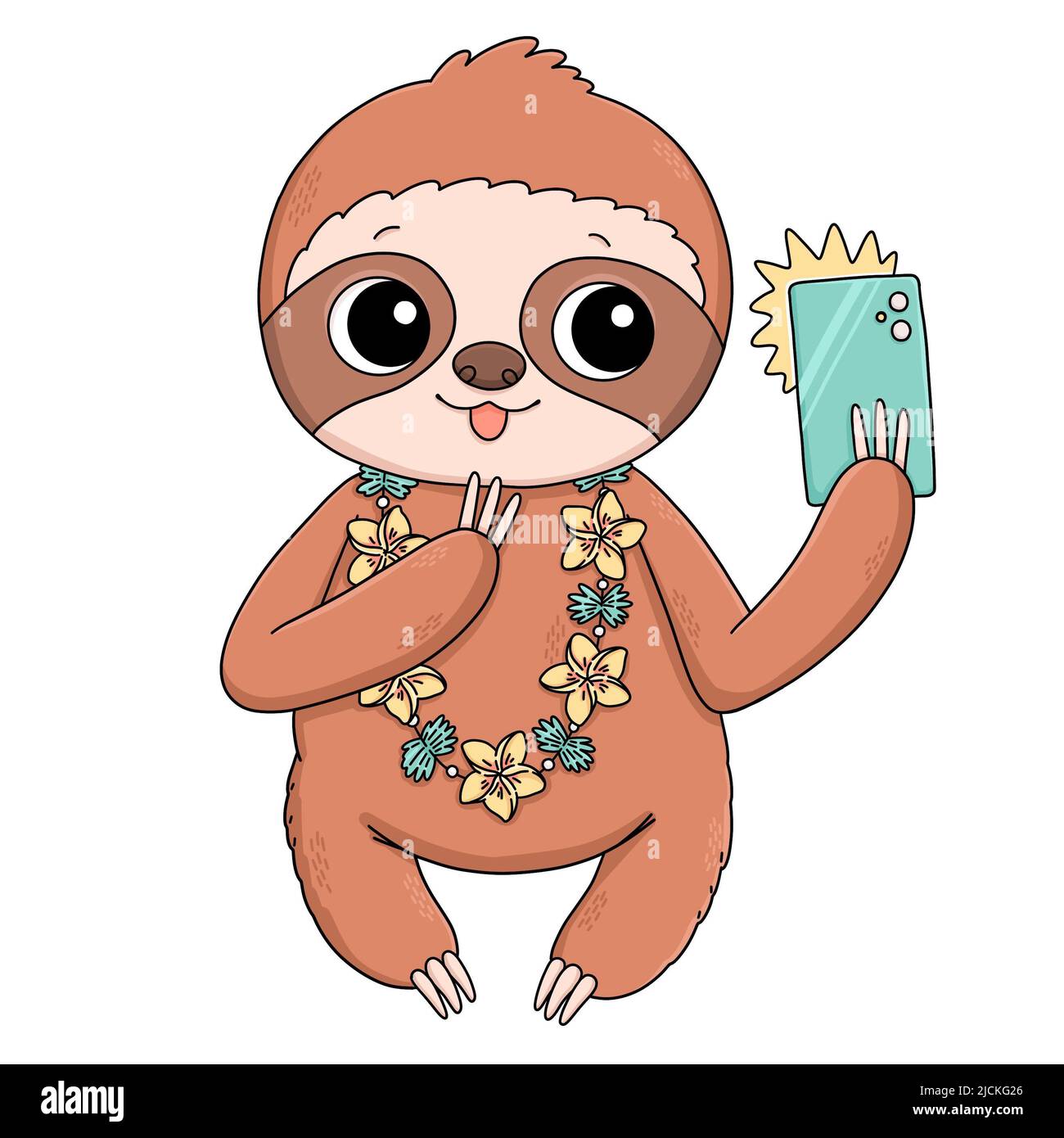 Cute sloth with flowers and phone illustration Stock Photo - Alamy