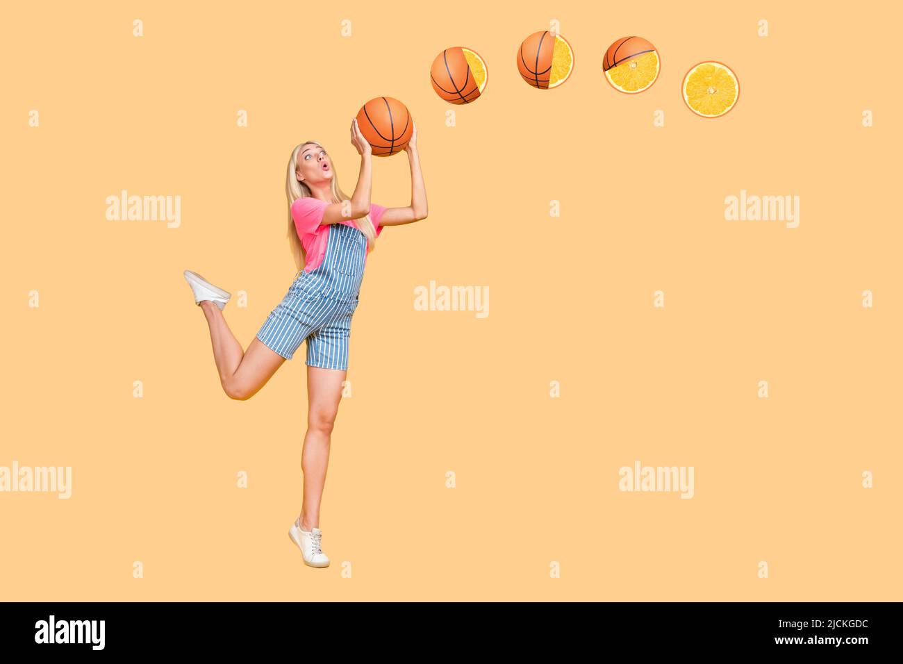 Creative collage portrait of excited person hands throw basketball half ...