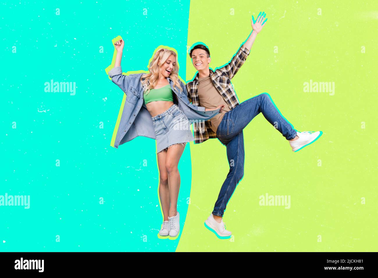 Composite collage image of two people enjoy dancing partying have good ...