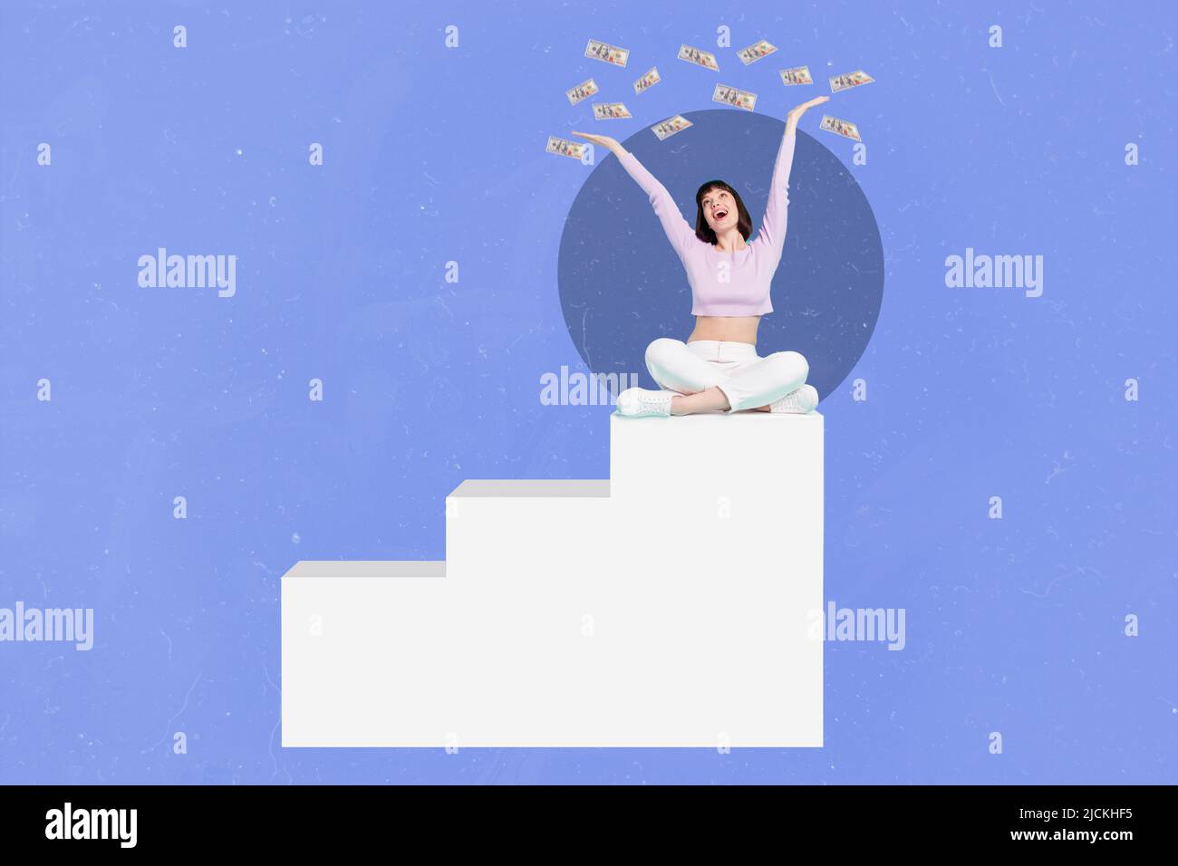 Collage photo of happy girl sitting on first place pedestal win prize ...