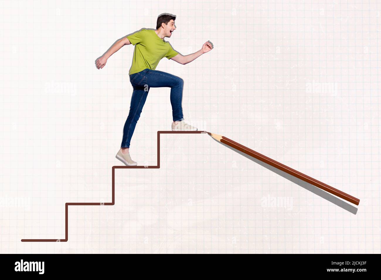 Creative collage of running person climb stairs big pencil drawing ...