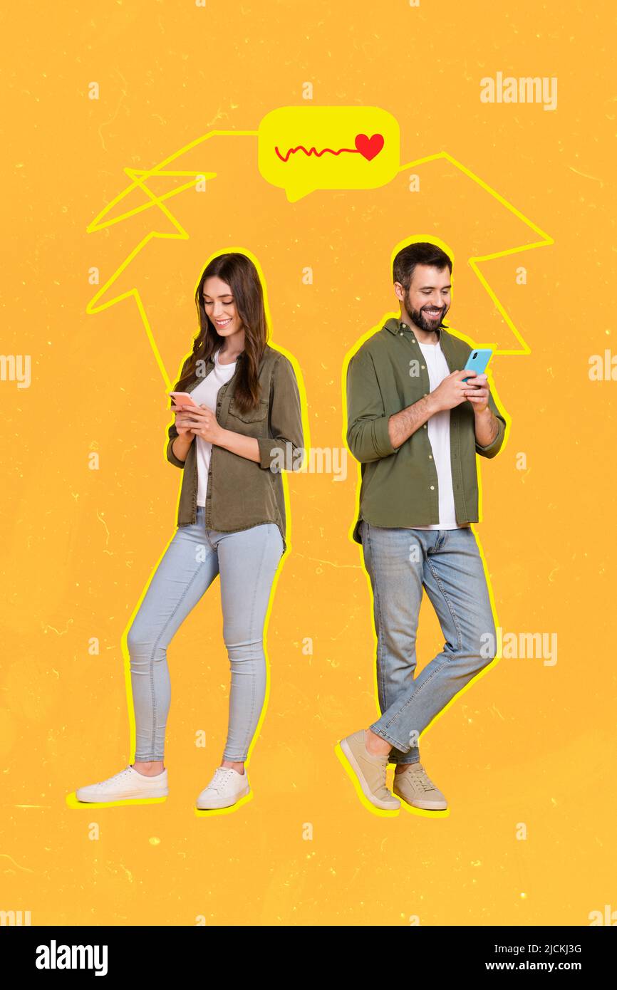 Vertical collage picture of two people use hold telephone chatting ...