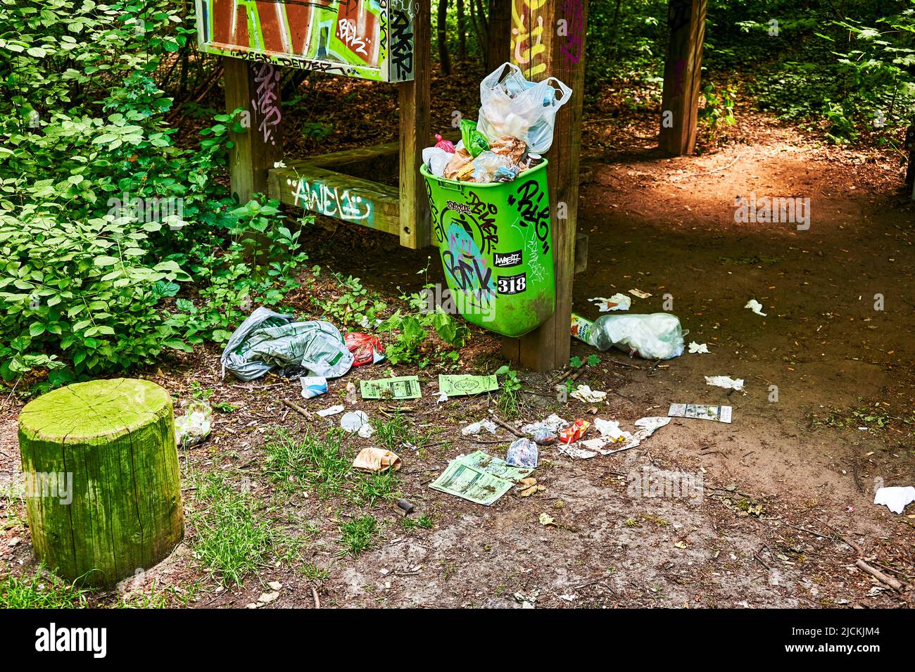 Berlin, Germany - June 10, 2022: Overfilled dustbin and waste in a ...