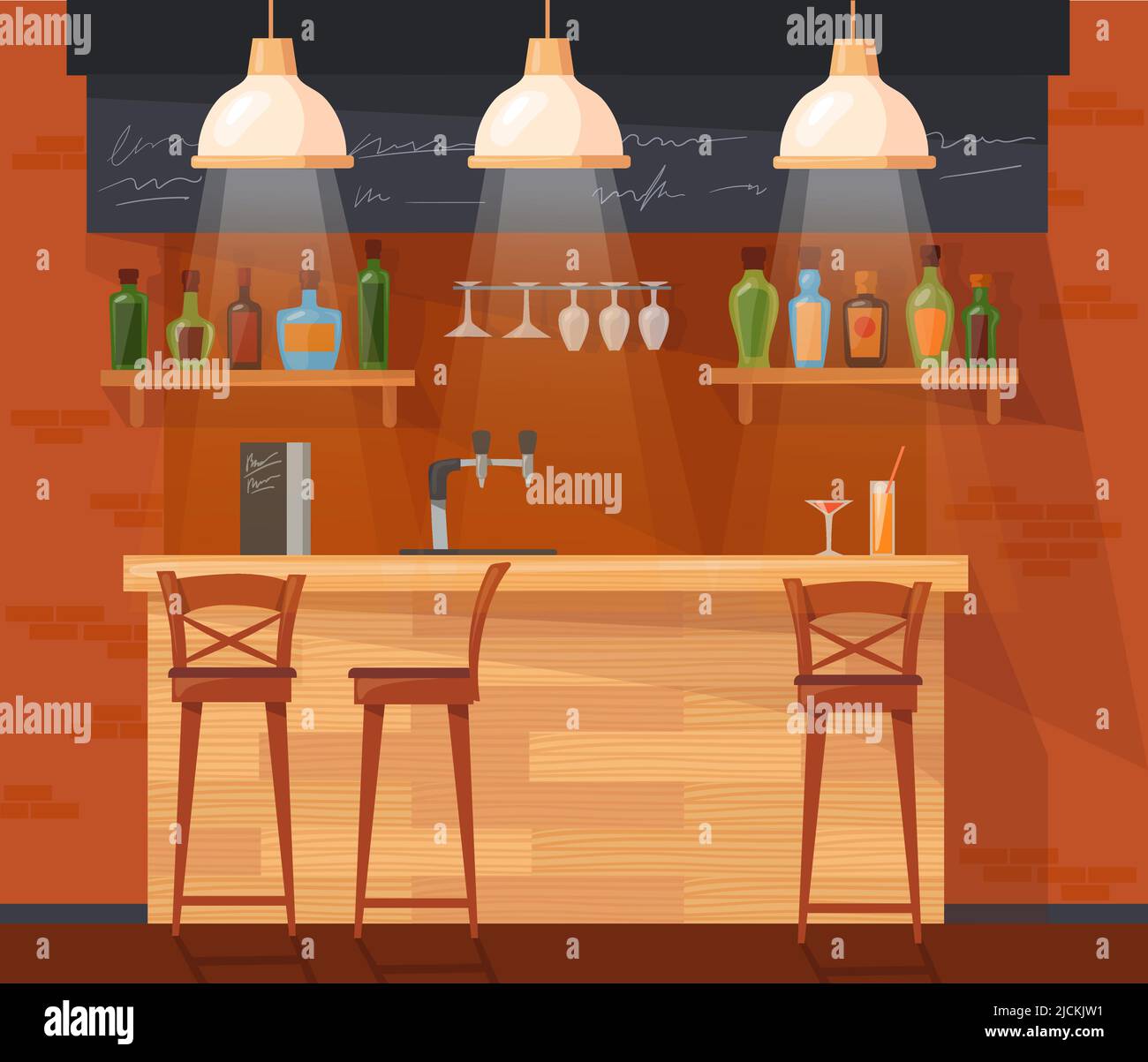 Cartoon pub counter. Bar interior inside cafe or nightclub, bartender ...