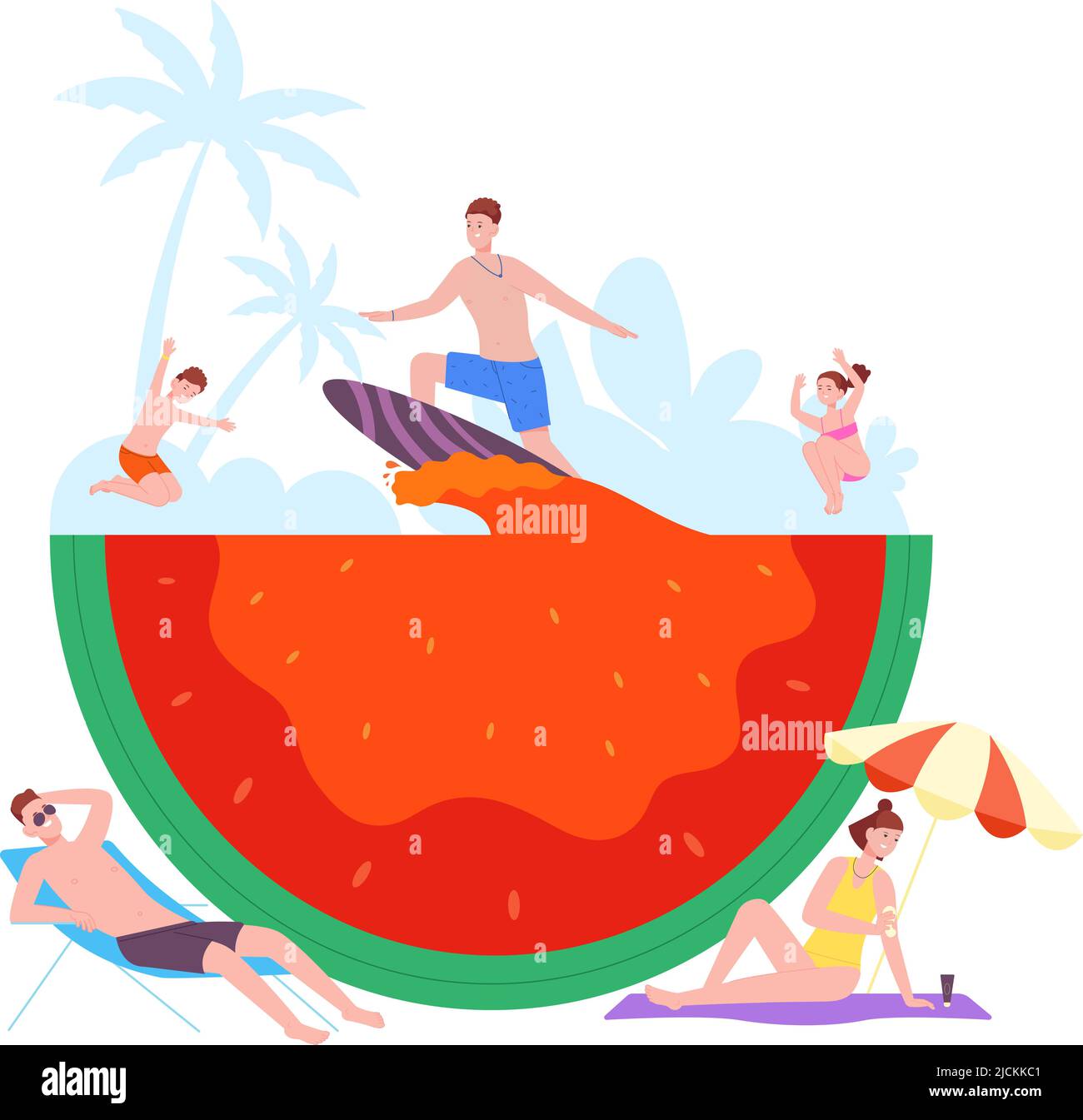 People in watermelon pool. Tiny friends with beverage cocktail swimming ...