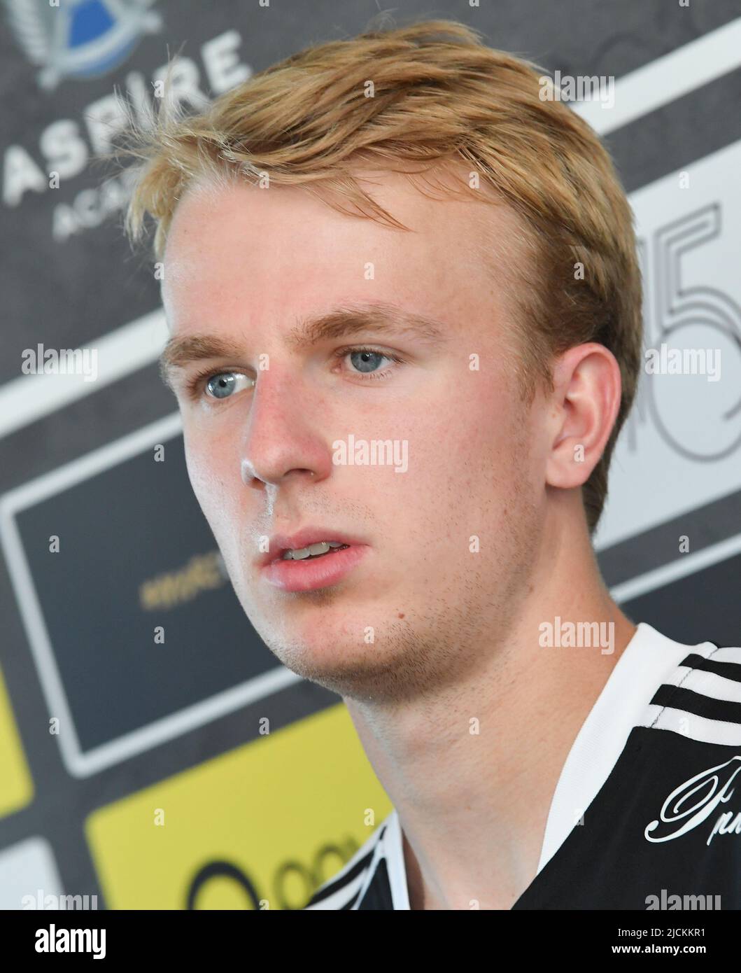 Eupen's new player Rune Paeshuyse talks to the press after a training ...
