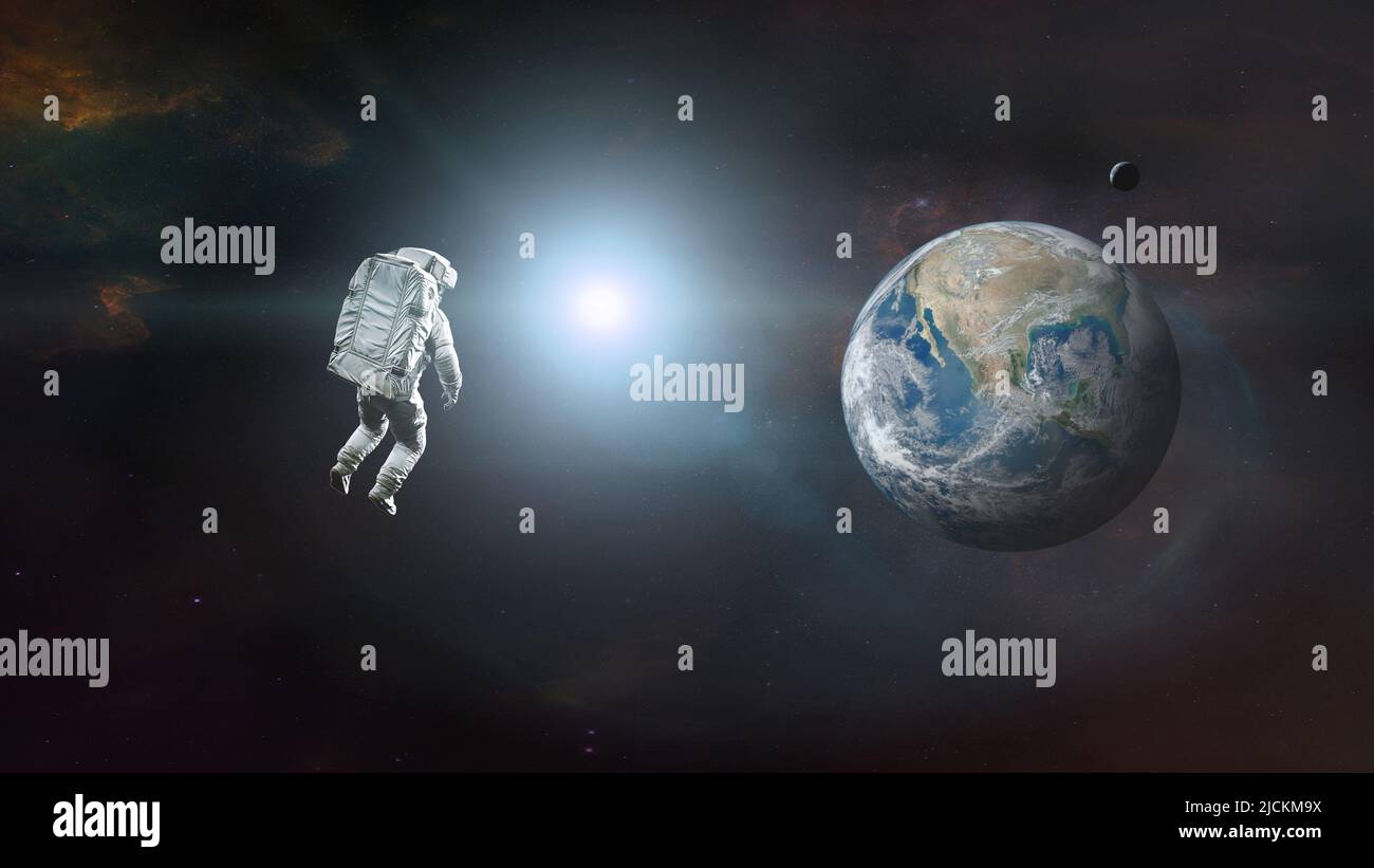 Cosmonaut in outer space on Earth background with sunlight. Elements of ...