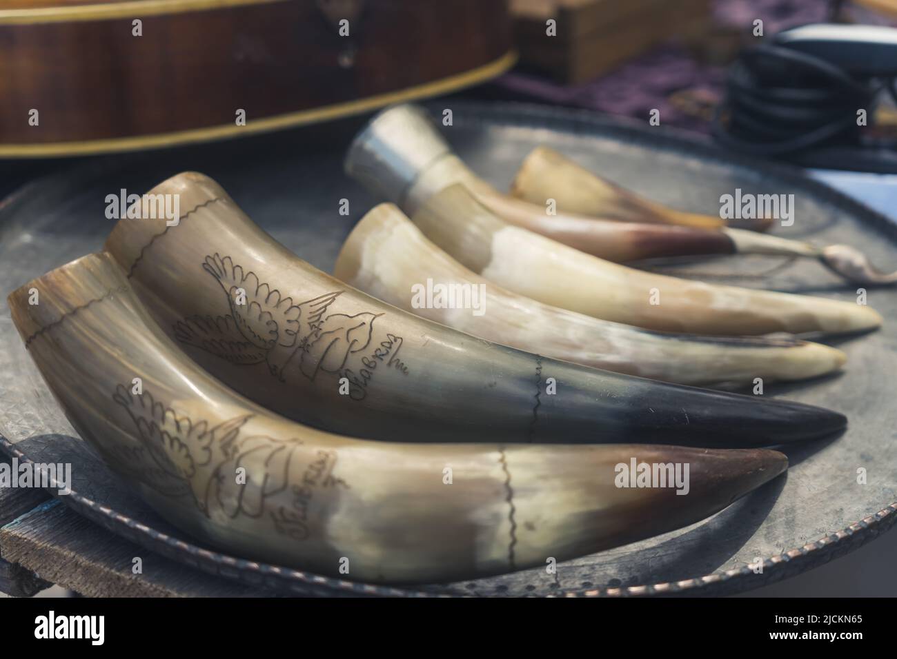 Georgian traditional horns for wine called Kantsi on local street ...