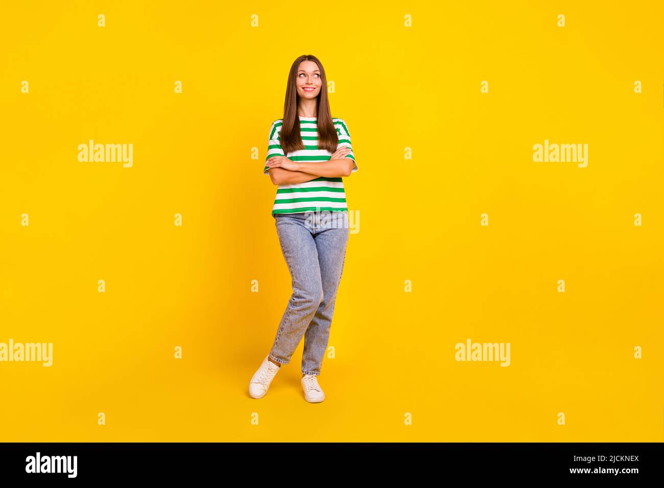 Full Body Portrait Of Minded Creative Lady Folded Arms Look Interested Empty Space Isolated On