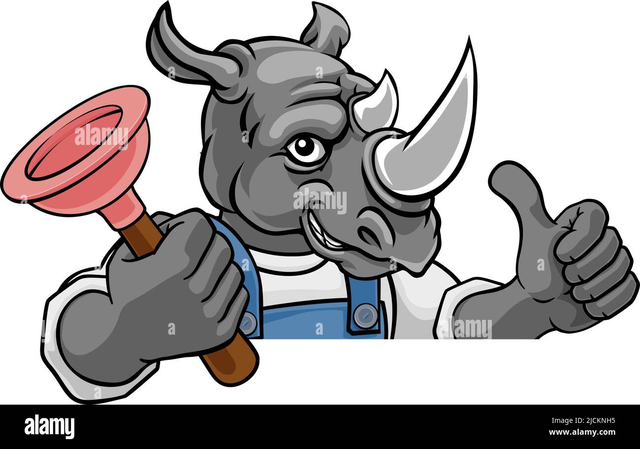 Rhino Plumber Cartoon Mascot Holding Plunger Stock Vector Image & Art ...