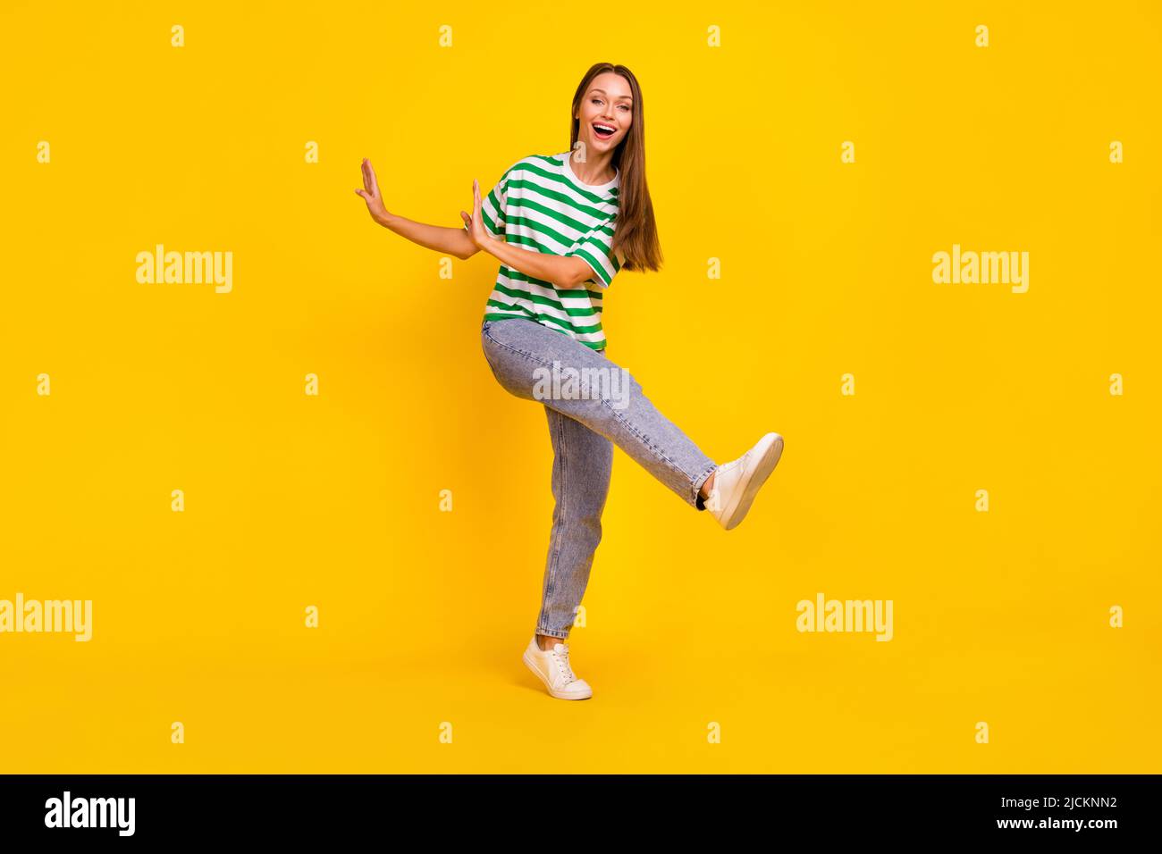 Full body photo of charming satisfied person enjoy dancing partying ...