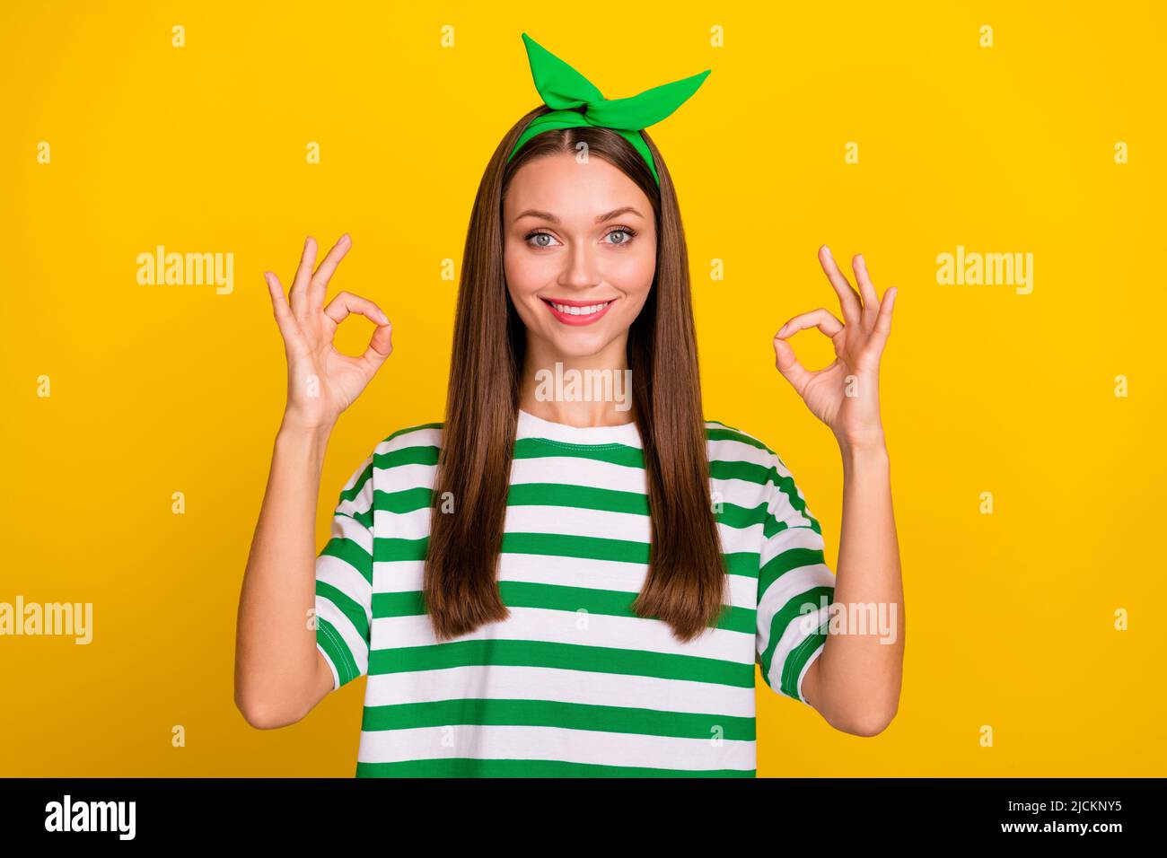 Photo of cheerful pretty girl hands fingers demonstrate okey symbol ...