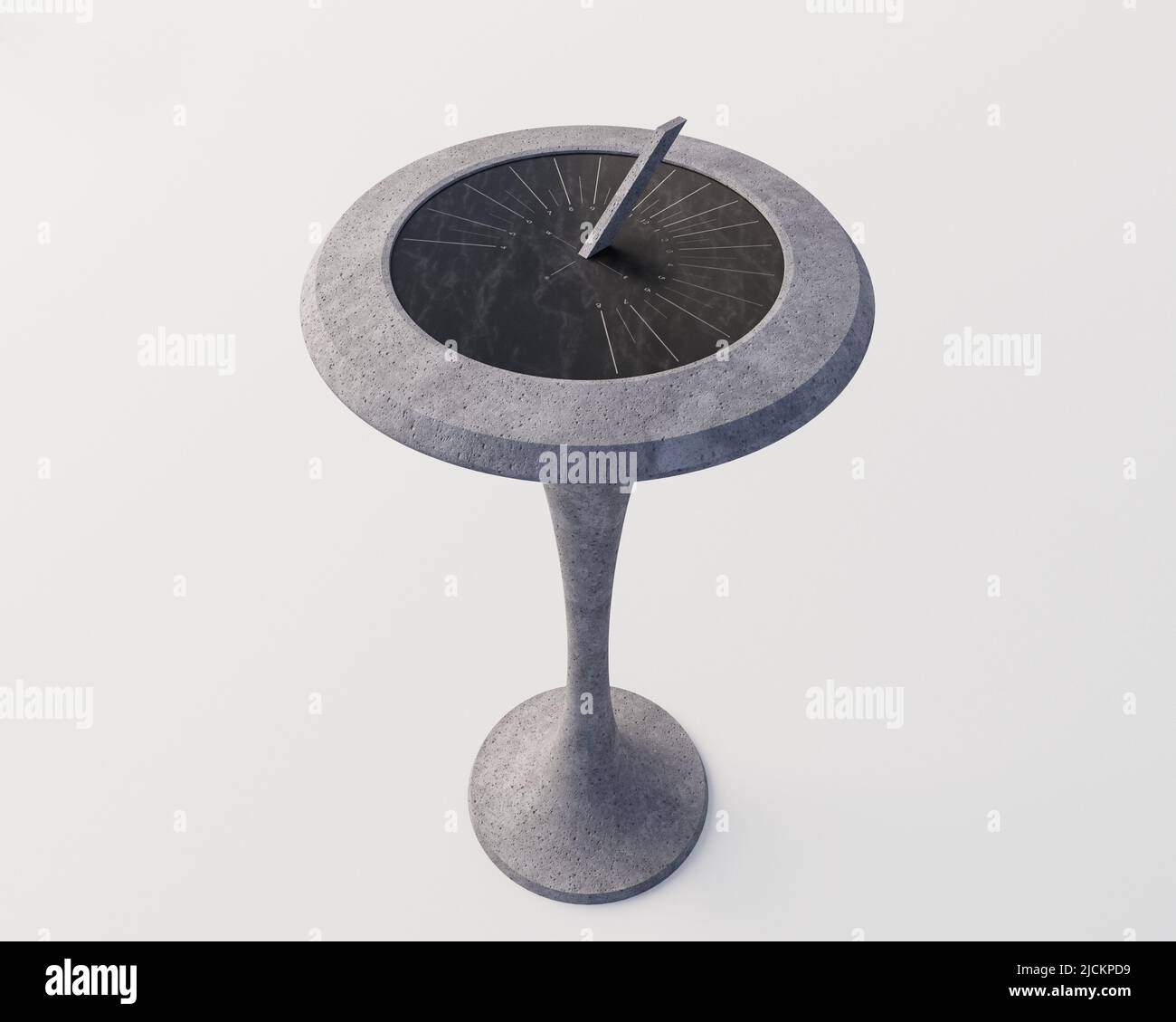 A modern round stone sundial with etched roman numerals standing an a ...