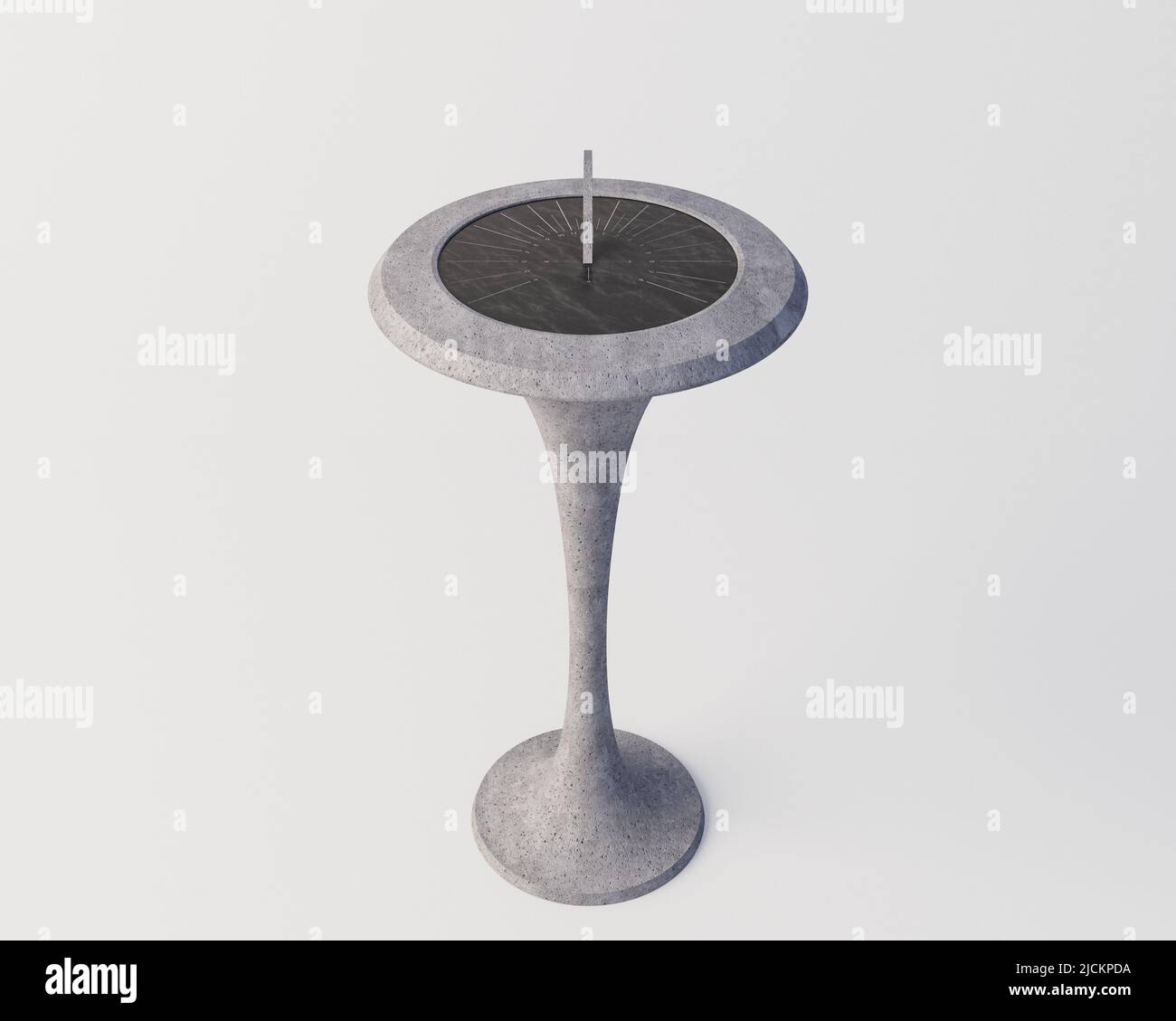 A modern round stone sundial with etched roman numerals standing an a ...