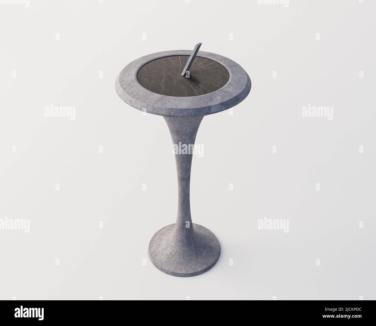 A modern round stone sundial with etched roman numerals standing an a ...