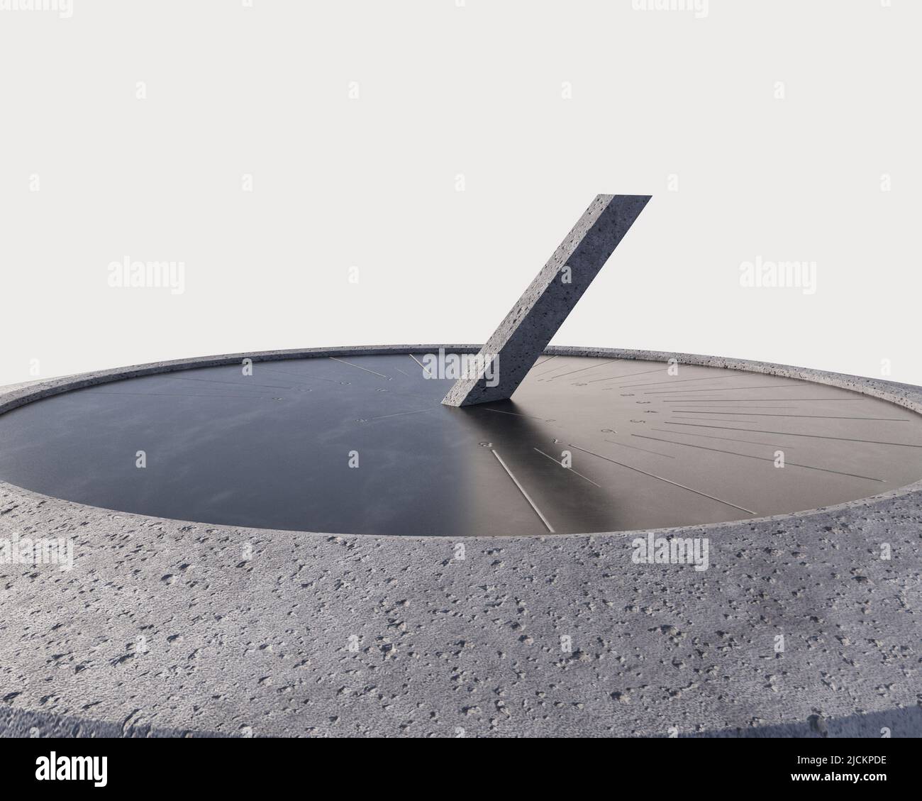 A modern round stone sundial with etched roman numerals standing an a ...