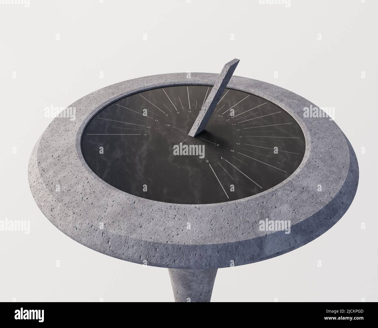 A modern round stone sundial with etched roman numerals standing an a ...