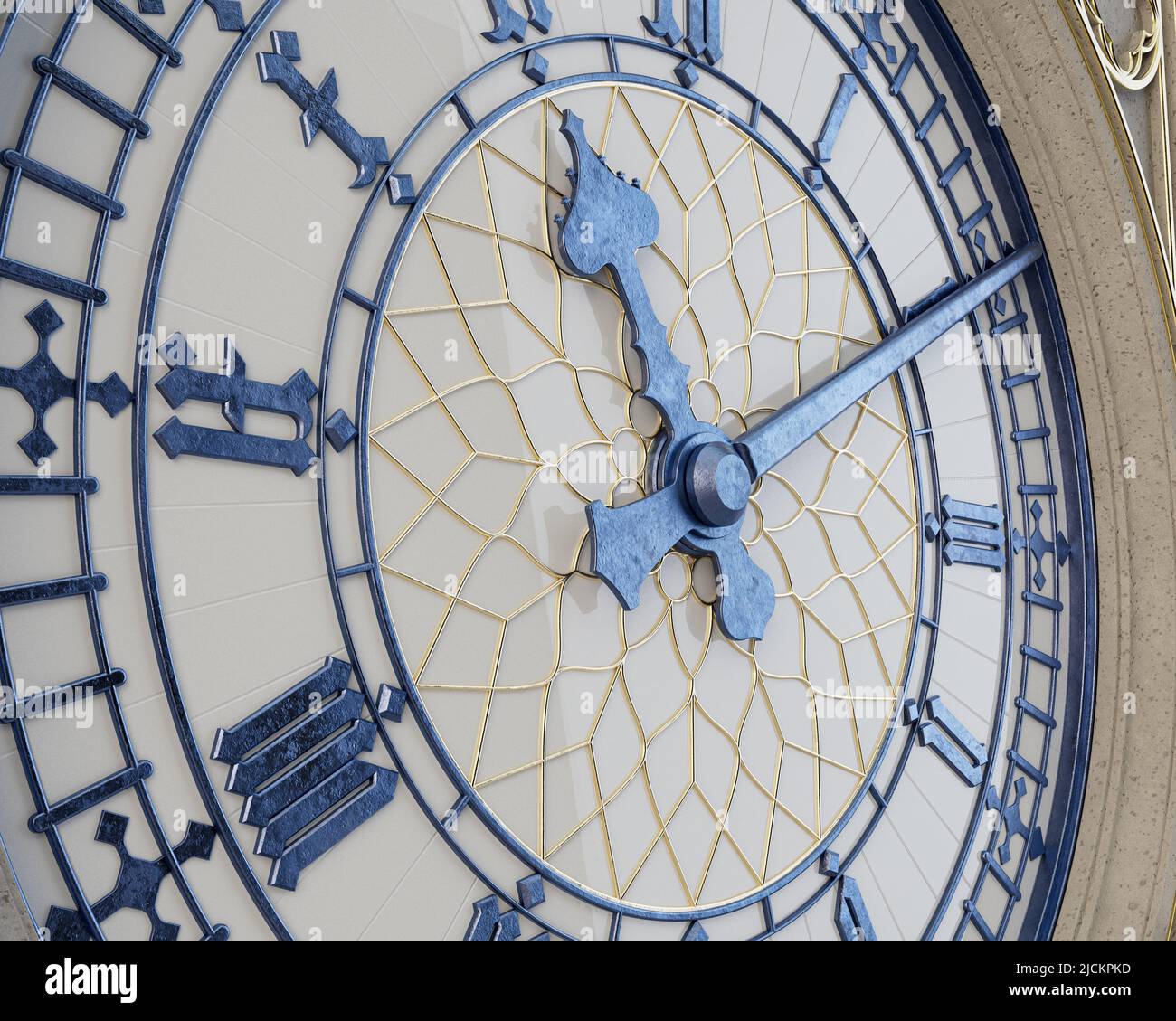 An ornate concept antique tower clock made of a concrete, gold and iron ...