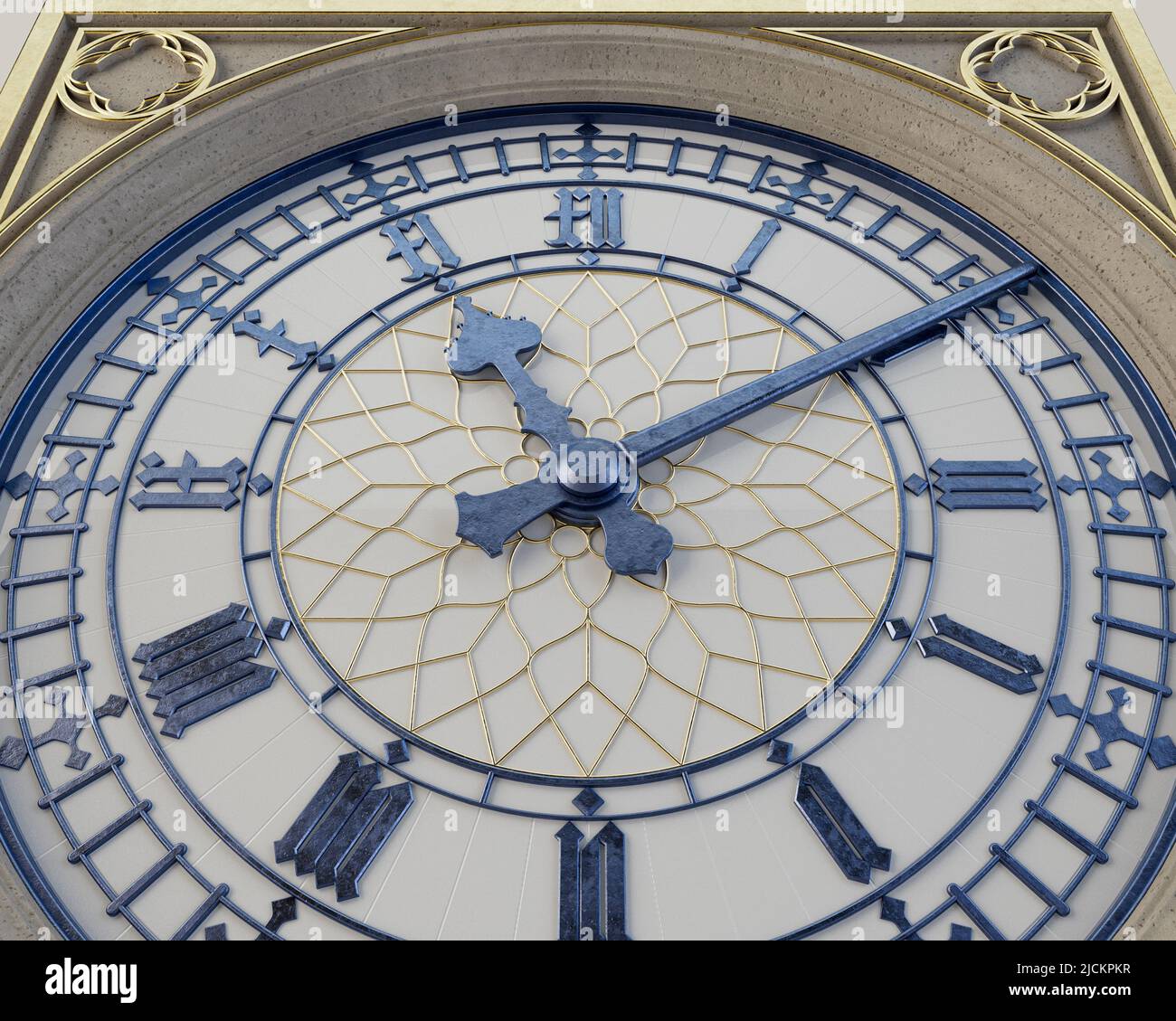 An ornate concept antique tower clock made of a concrete, gold and iron ...