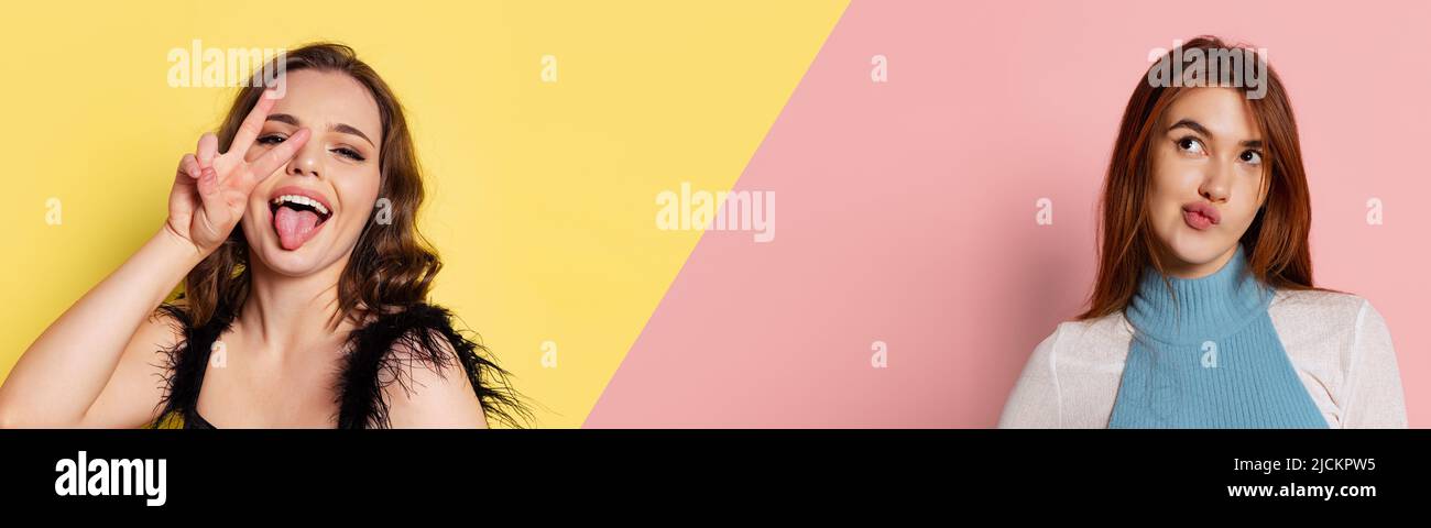 Two beautiful cheerful girls having fun, grimace isolated on pink and ...