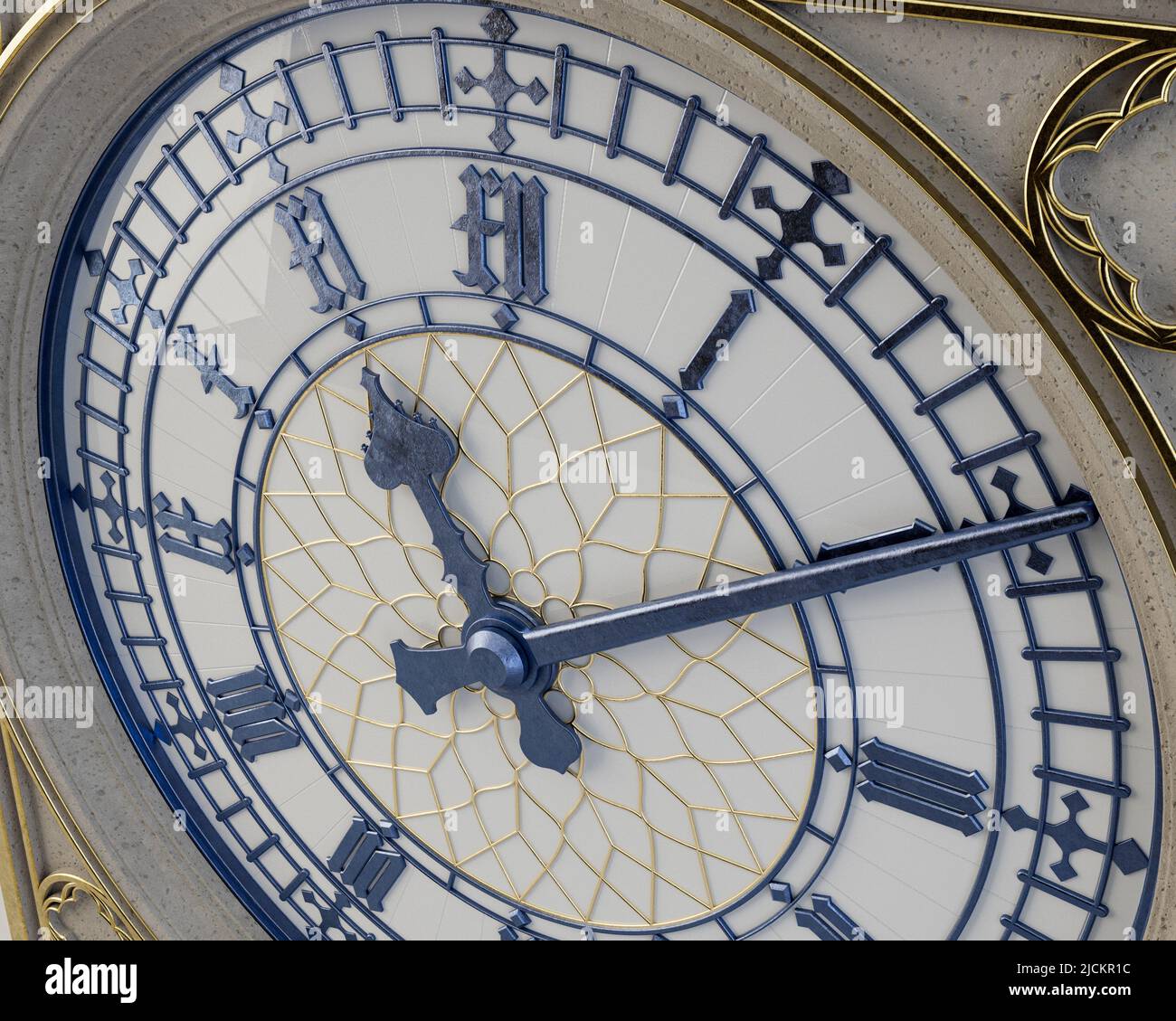 An ornate concept antique tower clock made of a concrete, gold and iron ...