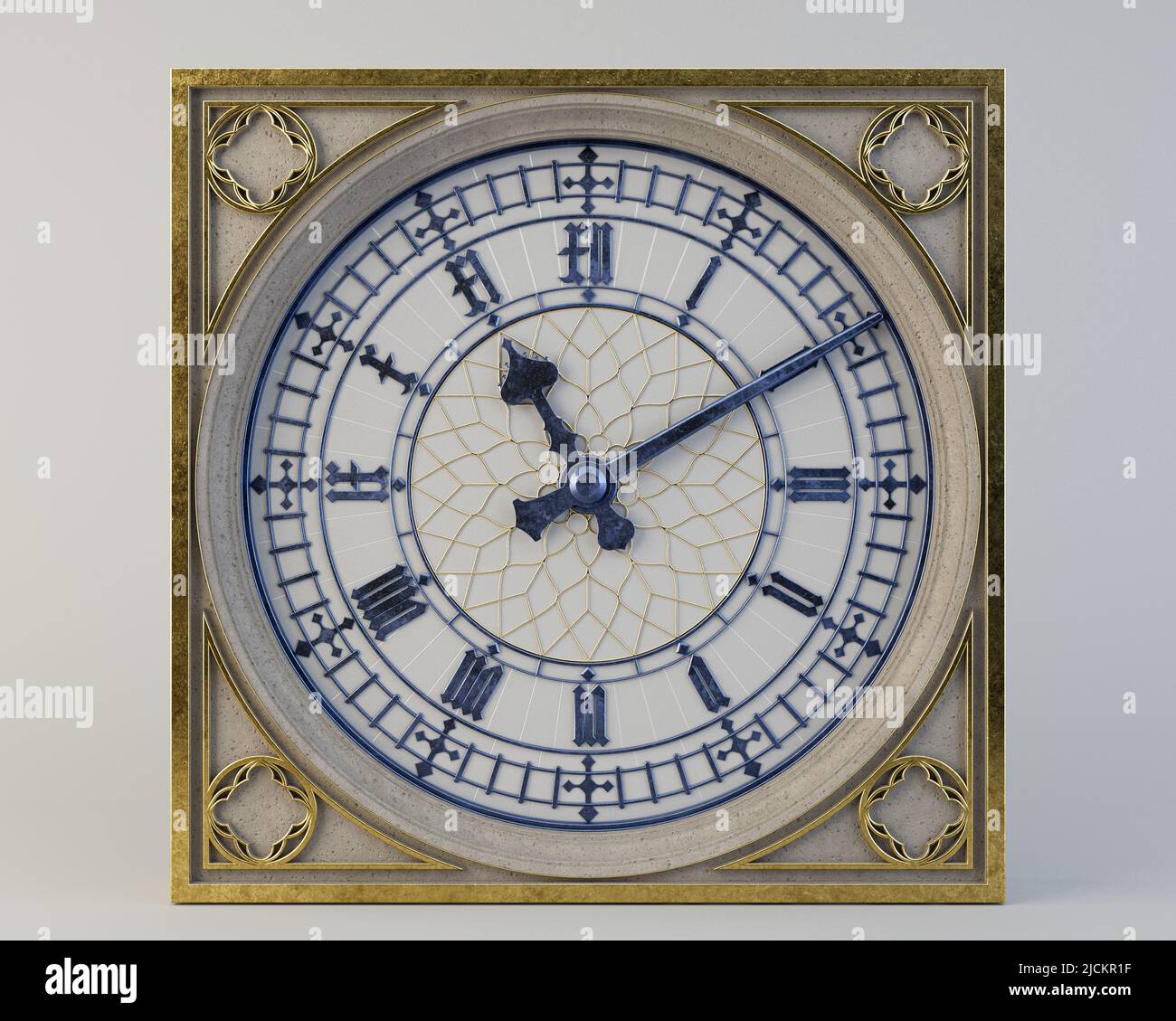 An ornate concept antique tower clock made of a concrete, gold and iron ...
